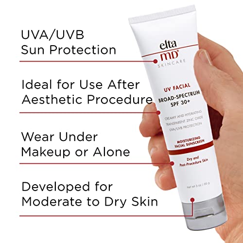 EltaMD UV Facial SPF 30+ Sunscreen Moisturizer Face Lotion, Broad Spectrum Moisturizing Sunscreen with Hyaluronic Acid, Non-Greasy, Face Sunscreen with Zinc Oxide, 3.0 oz Tube