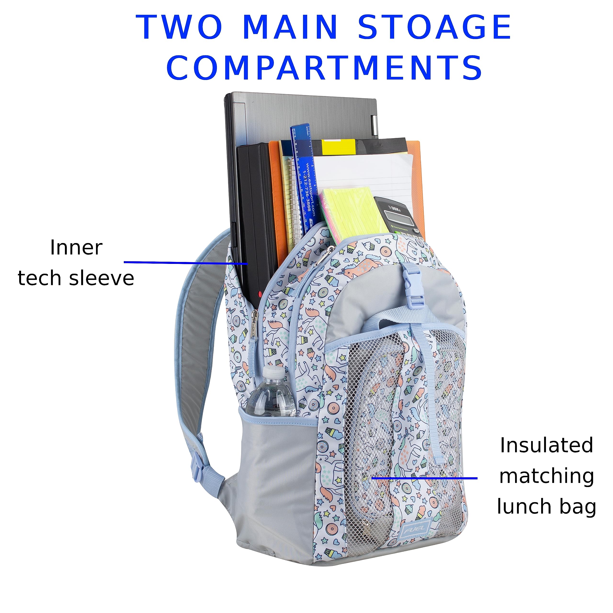 FUEL Lunch Backpack Set Teens Student Water Resistant Bookbag Bag Soft Reusable Insulated Cooler Lunch Box Thermal Travel Office Lunch Bag, Light Blue Magic Donuts