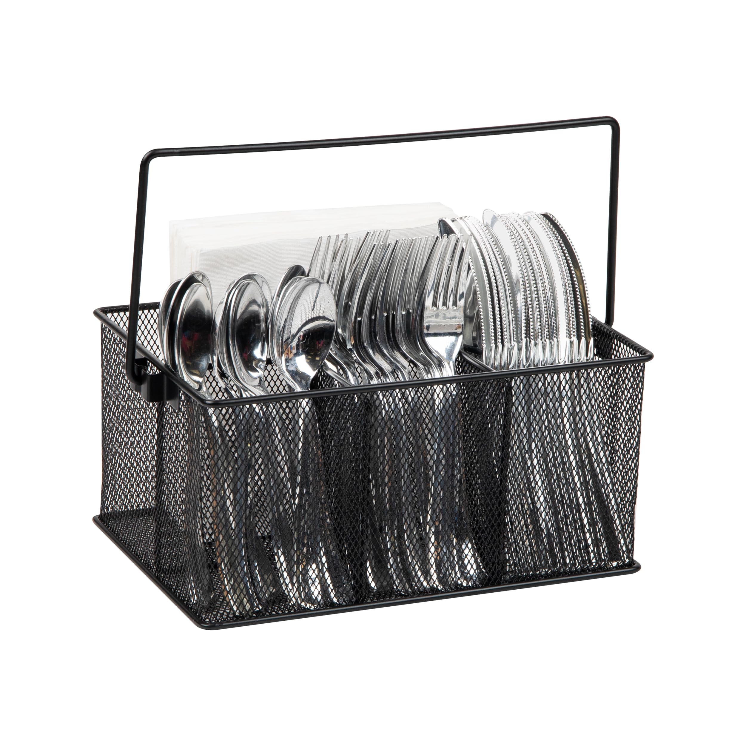 Mind Reader Storage Basket Organizer, Utensil Holder, Forks, Spoons, Knives, Napkins, Perfect for Desk Supplies, Pencil, Pens, Staples, Black, 4 Compartments