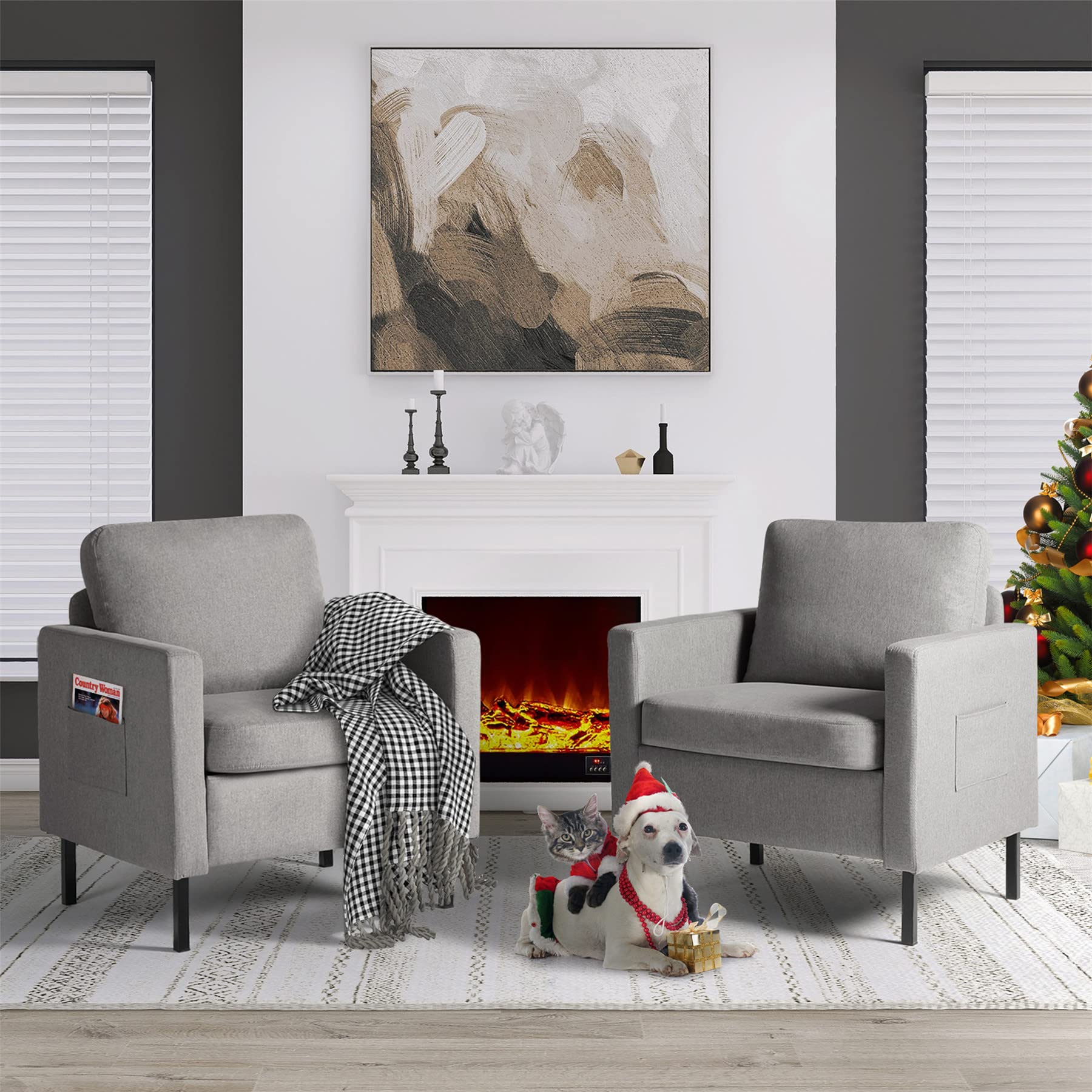 STHOUYN Fabric Comfy Small Accent Chair Set of 2 Living Room Bedroom Chairs, Reading Arm Chair for Adults, Suitable Small Spaces Office Couch, Light Grey (2, Light Grey)