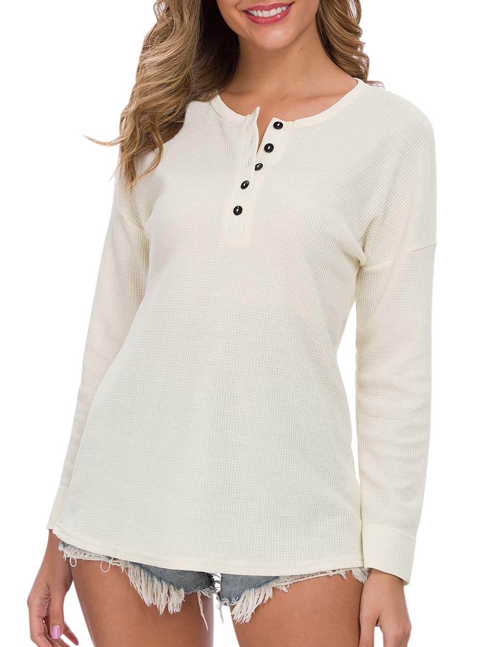 WNEEDU Women's Waffle Knit Tunic Tops Loose Long Sleeve Button Up V Neck Henley Shirts,Beige L