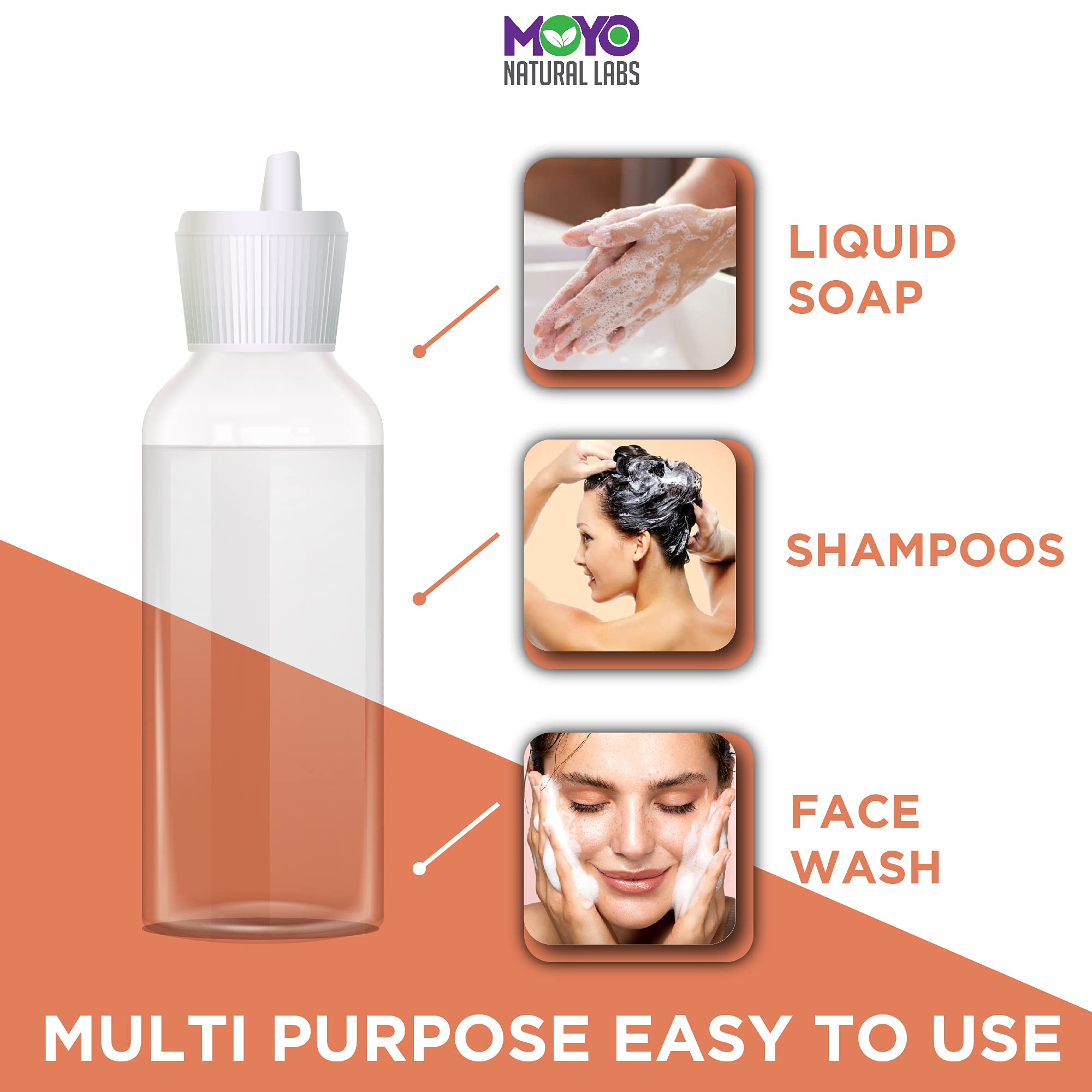 MoYo Natural Labs 4 oz Squirt Bottles, Squeezable Empty Travel Containers, BPA Free HDPE Plastic for Essential Oils,Liquids,Toiletry/Cosmetic Bottles(Neck 20-410) (Pack of 6, HDPE Translucent White)