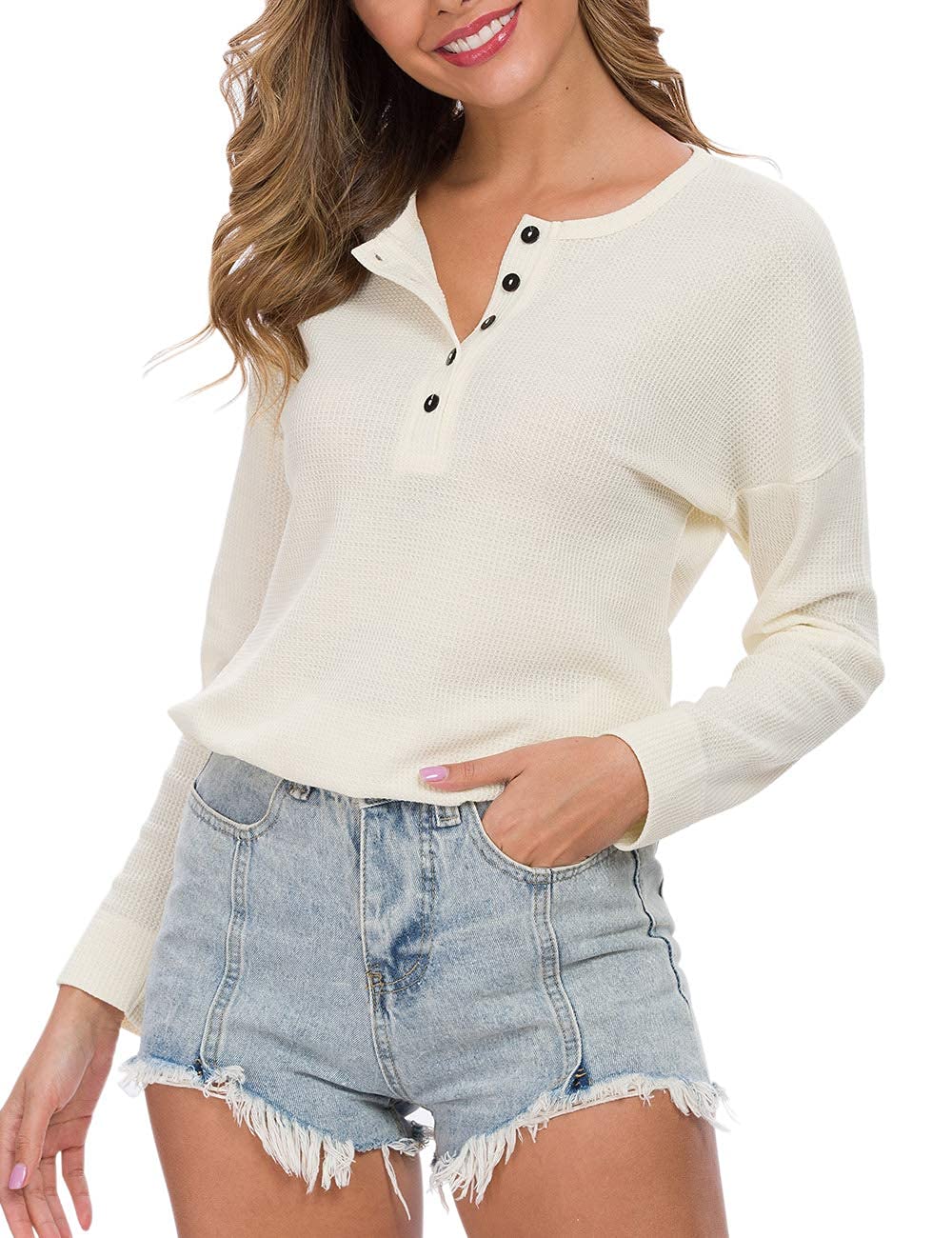 WNEEDU Women's Waffle Knit Tunic Tops Loose Long Sleeve Button Up V Neck Henley Shirts,Beige L