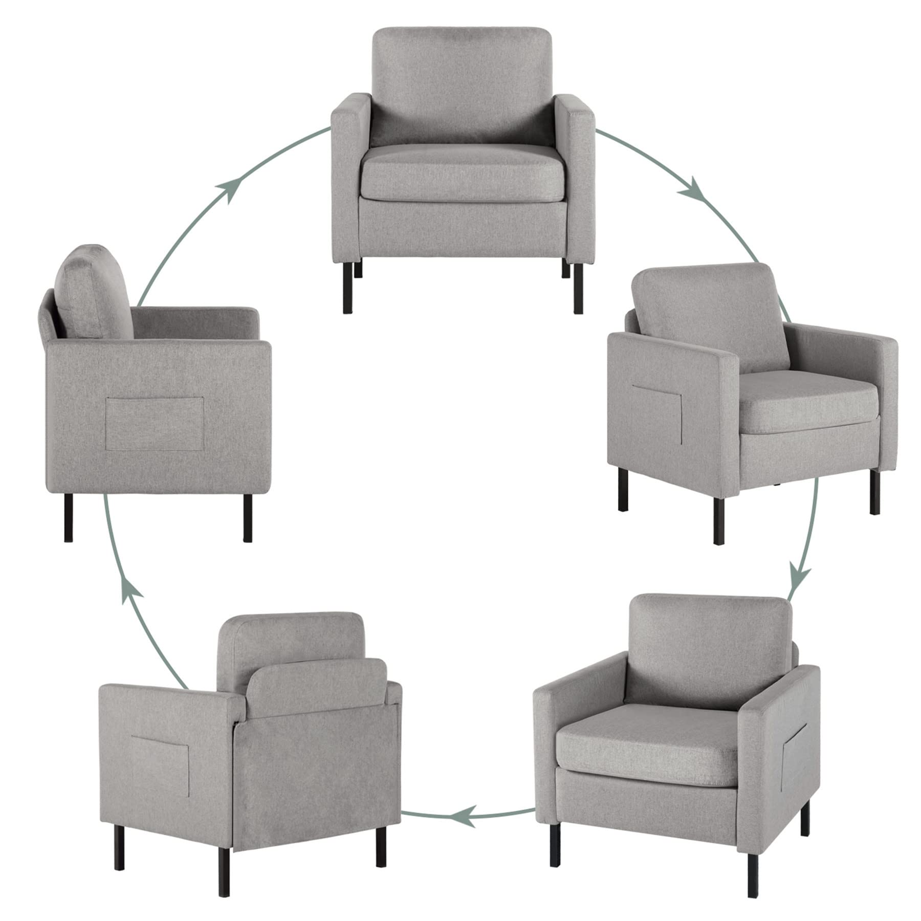 STHOUYN Fabric Comfy Small Accent Chair Set of 2 Living Room Bedroom Chairs, Reading Arm Chair for Adults, Suitable Small Spaces Office Couch, Light Grey (2, Light Grey)
