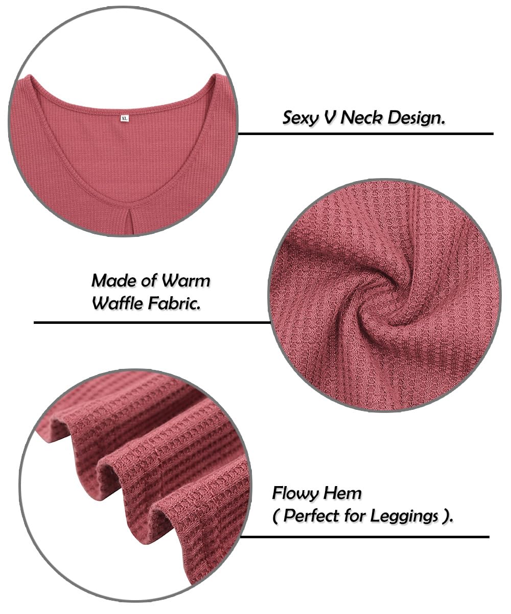 TIYOMI Plus Size Tunic for Women Long Sleeve 3X V Neck Plain Solid Color Waffle Fabric Tops Flowy Cover Belly Middle Aged Loose Fit Fall Autumn Winter Tunic Pink 3XL
