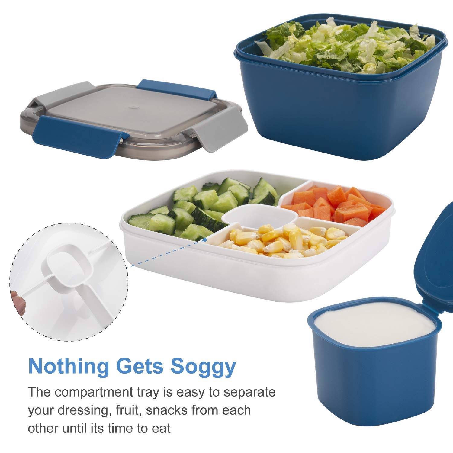 Freshmage Salad Lunch Containers To Go, 52 oz Bowls with 3 Compartments, Dressings Container for Toppings, Men, Women (Blue+Blue)