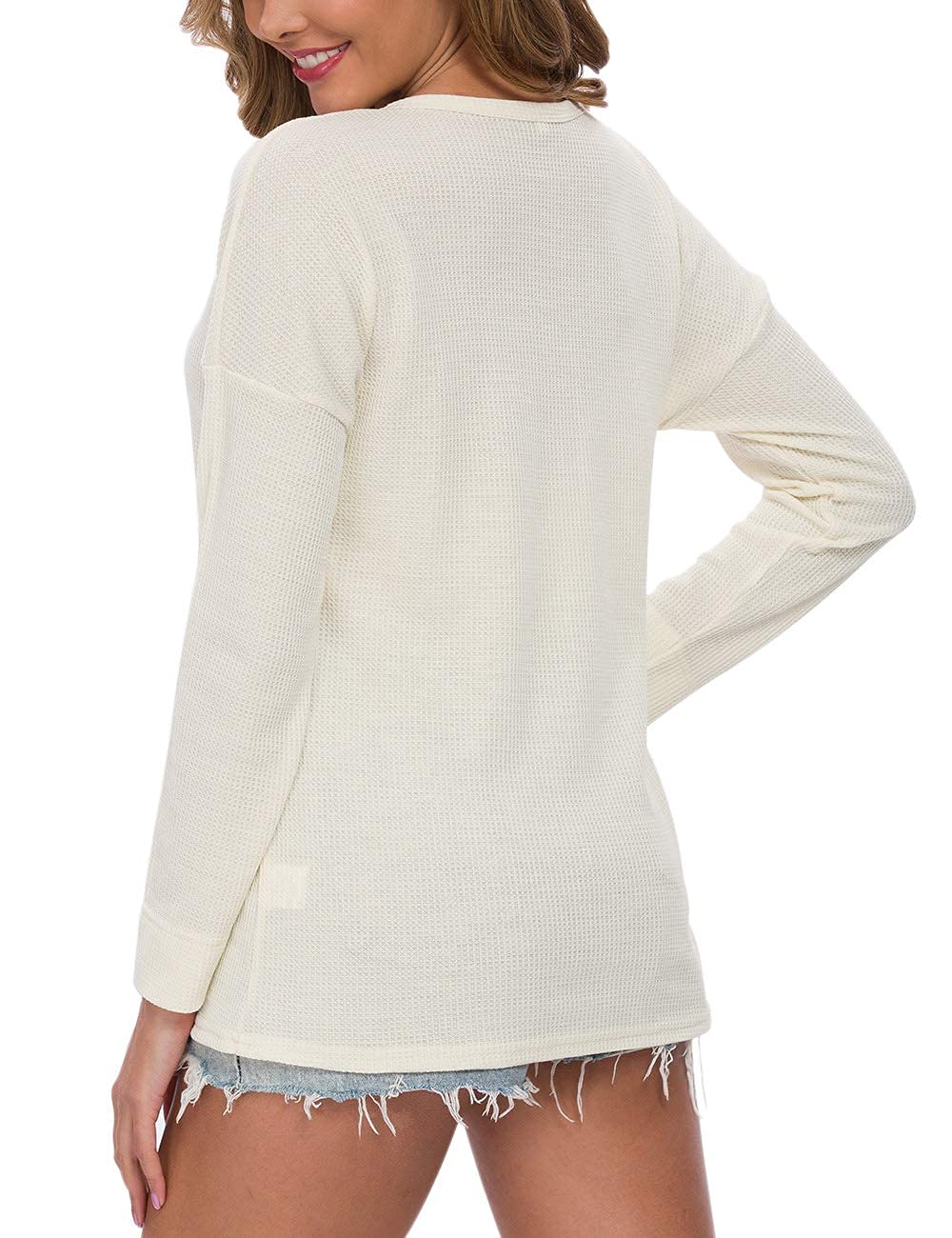 WNEEDU Women's Waffle Knit Tunic Tops Loose Long Sleeve Button Up V Neck Henley Shirts,Beige L