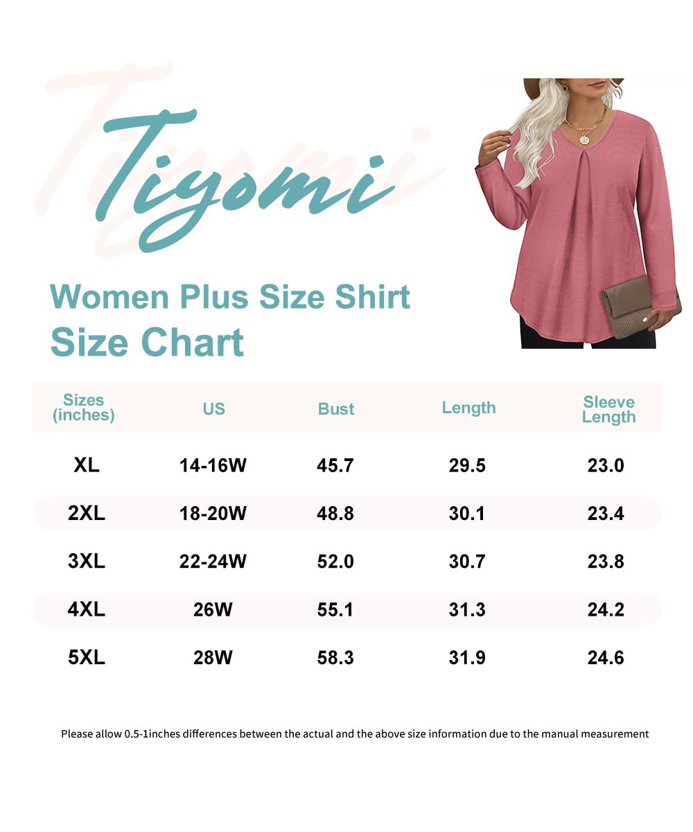 TIYOMI Plus Size Tunic for Women Long Sleeve 3X V Neck Plain Solid Color Waffle Fabric Tops Flowy Cover Belly Middle Aged Loose Fit Fall Autumn Winter Tunic Pink 3XL