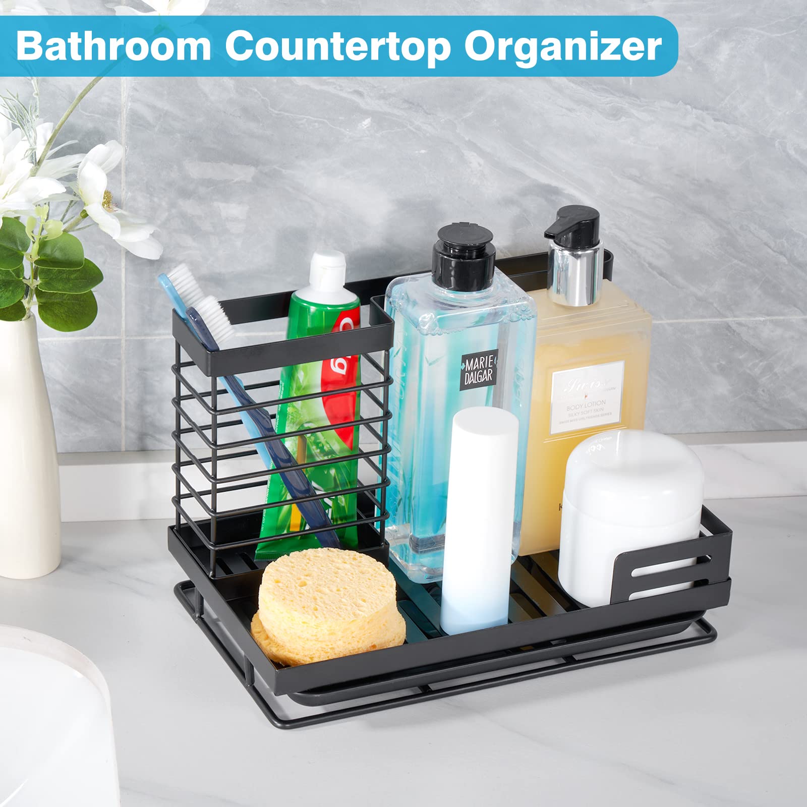 Purboah Kitchen Sink Caddy,Sink Organizer Sponge Holder with Removable Drain Tray and 2 Sponges,Brush Soap Dish Towel Holder