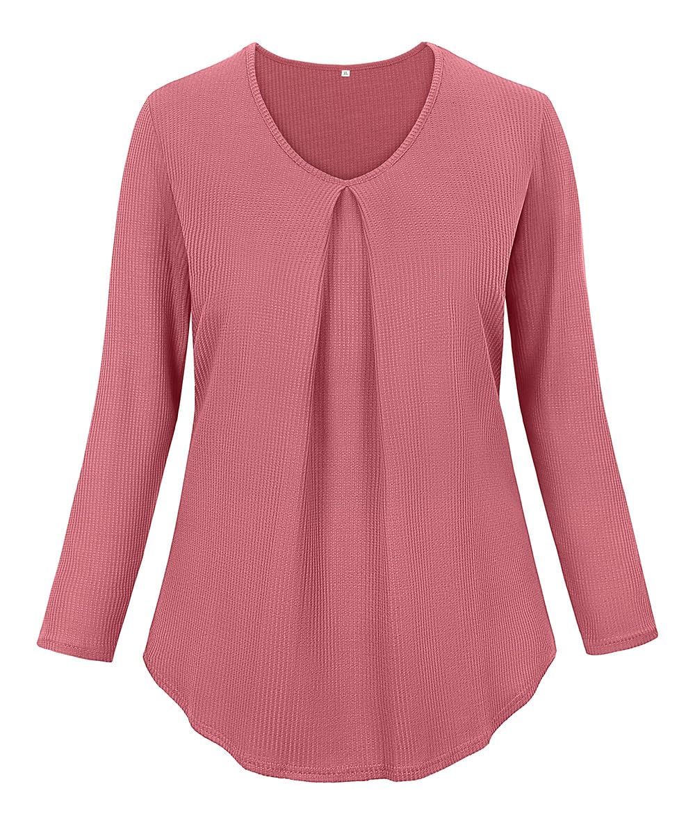 TIYOMI Plus Size Tunic for Women Long Sleeve 3X V Neck Plain Solid Color Waffle Fabric Tops Flowy Cover Belly Middle Aged Loose Fit Fall Autumn Winter Tunic Pink 3XL
