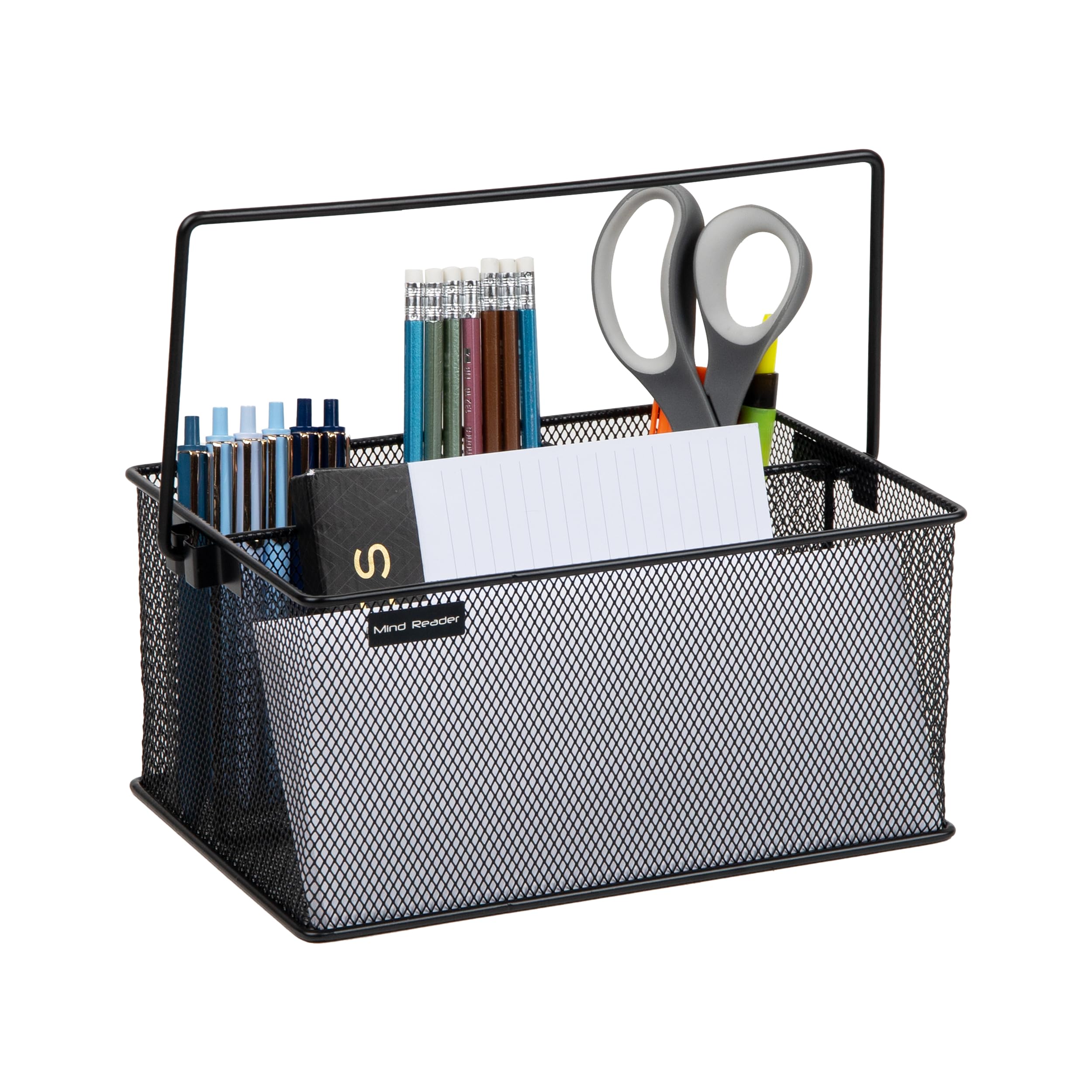 Mind Reader Storage Basket Organizer, Utensil Holder, Forks, Spoons, Knives, Napkins, Perfect for Desk Supplies, Pencil, Pens, Staples, Black, 4 Compartments