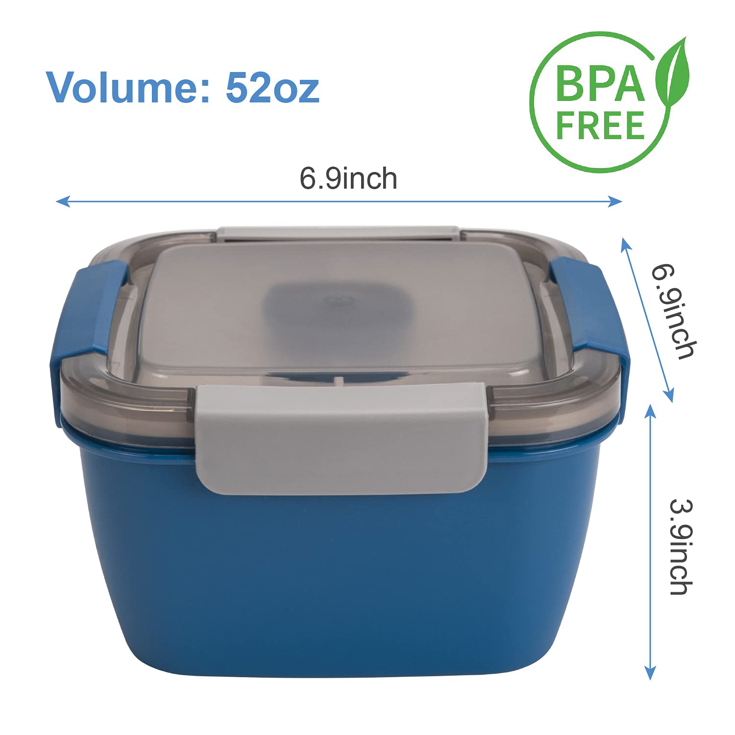 Freshmage Salad Lunch Containers To Go, 52 oz Bowls with 3 Compartments, Dressings Container for Toppings, Men, Women (Blue+Blue)