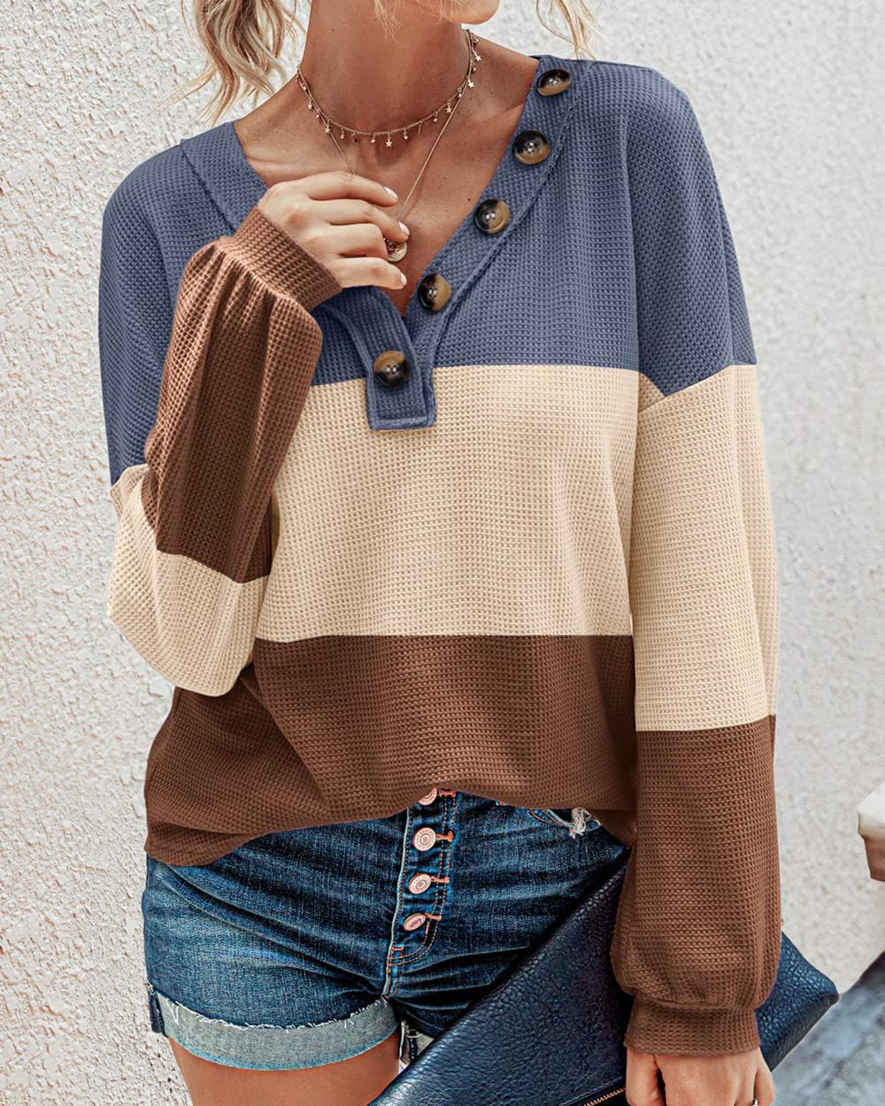 BTFBM Women Long Sleeve Shirts 2024 Fall Fashion V Neck Loose Casual Blouse Deco Button Lightweight Waffle Knit Pullover(Stripe Blue, Medium)
