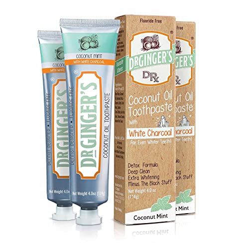 Dr. Ginger's Coconut Oil Toothpaste with White Activated Charcoal, All-Natural Whitening Brightening Power, Enamel-Safe, Reduces Plaque & Gum Sensitivity, Fluoride-Free, Coconut Mint Flavor, 4oz, 2ct