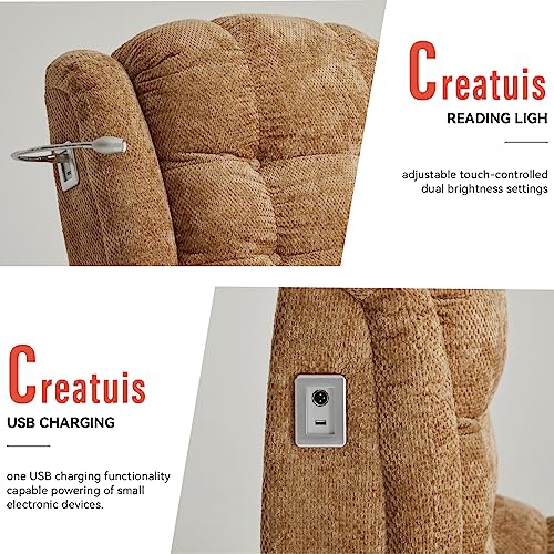 Creatuis Large Lift Recliner Chair for Elderly with Massage and Heat Lay Flat Electric Power Lift Chair LED Reading Light USB Port Cup Holders Side Pocket Plush Chenille (Light Brown)