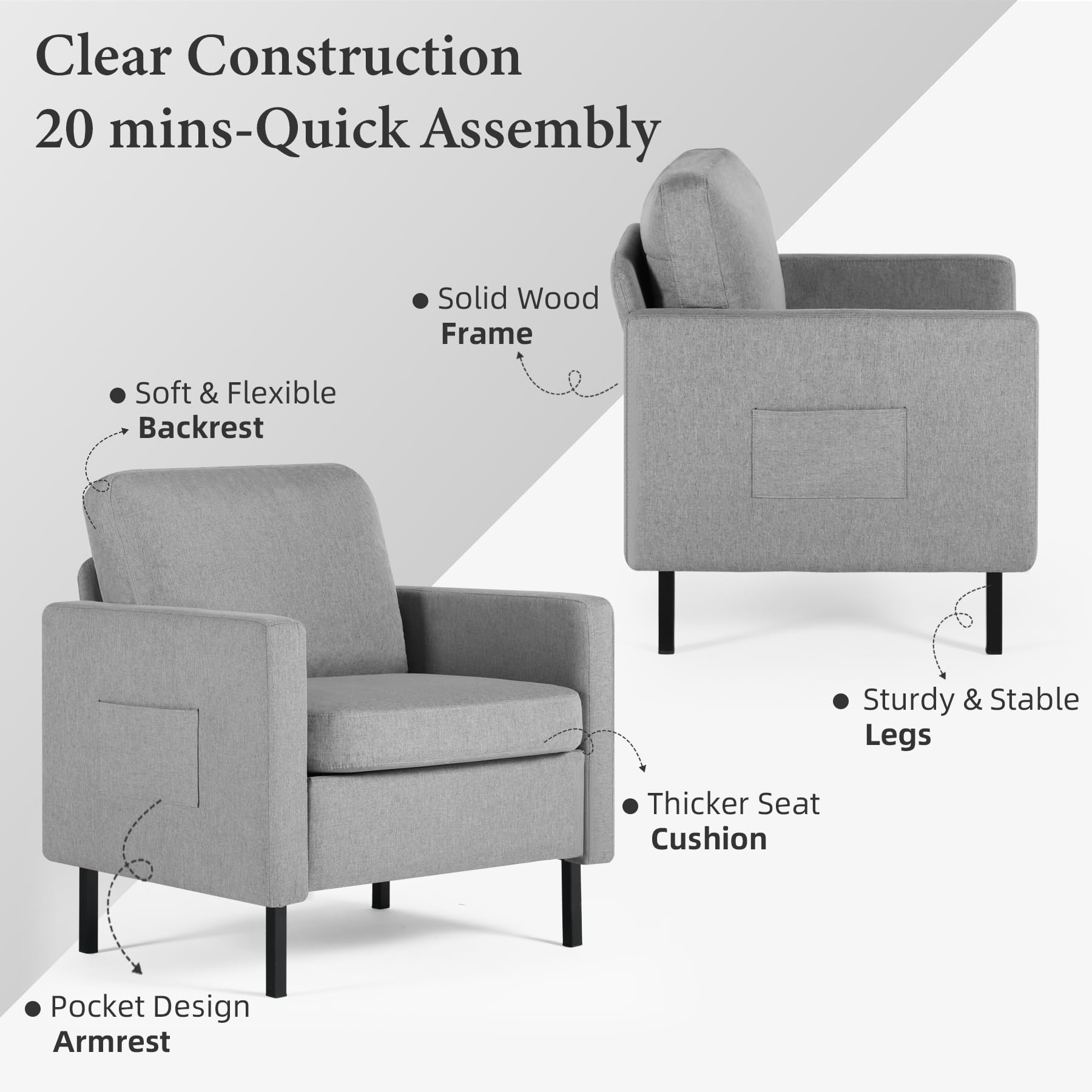 STHOUYN Fabric Comfy Small Accent Chair Set of 2 Living Room Bedroom Chairs, Reading Arm Chair for Adults, Suitable Small Spaces Office Couch, Light Grey (2, Light Grey)