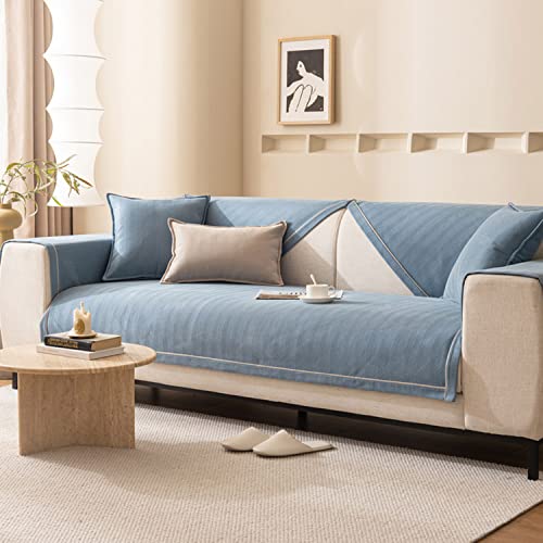 Sofa Cover 3/2/4 Seater Sofa Slipcover L Corner Shape Soft Chenille Herringbone Couch Cover Universal Non-Slip Thick Reversible Quilted Corner Slipcovers Washable for Living Room Dogs,Blue,90*180cm