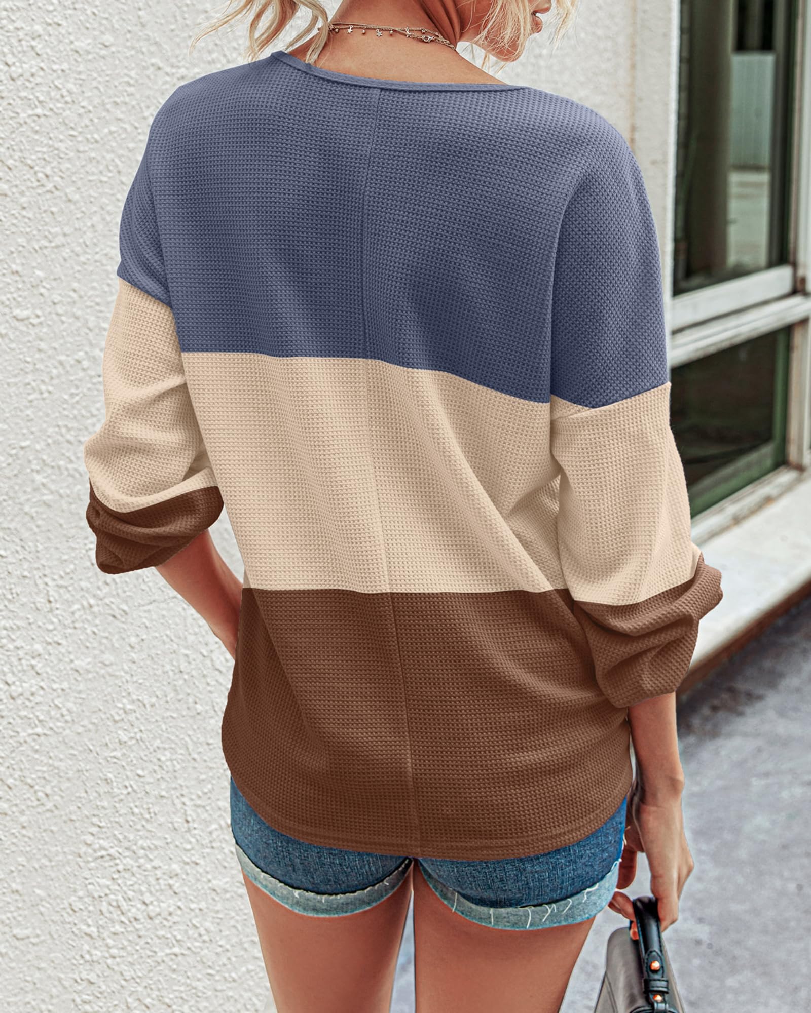 BTFBM Women Long Sleeve Shirts 2024 Fall Fashion V Neck Loose Casual Blouse Deco Button Lightweight Waffle Knit Pullover(Stripe Blue, Medium)