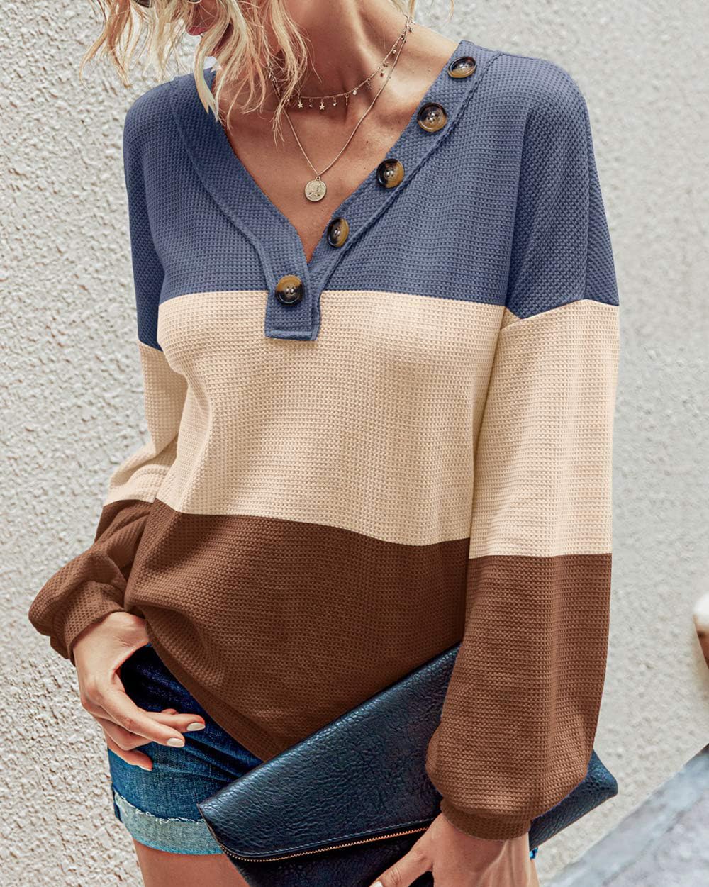 BTFBM Women Long Sleeve Shirts 2024 Fall Fashion V Neck Loose Casual Blouse Deco Button Lightweight Waffle Knit Pullover(Stripe Blue, Medium)