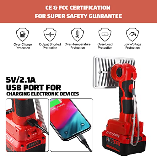 YEX-BUR Super Bright Spotlight 18W 2000 Lumen LED Handheld Flashlight for Craftsman V20 Lithium Battery CMCB204 Rechargeable Outdoor Floodlight with 3 Lights Modes, USB Output