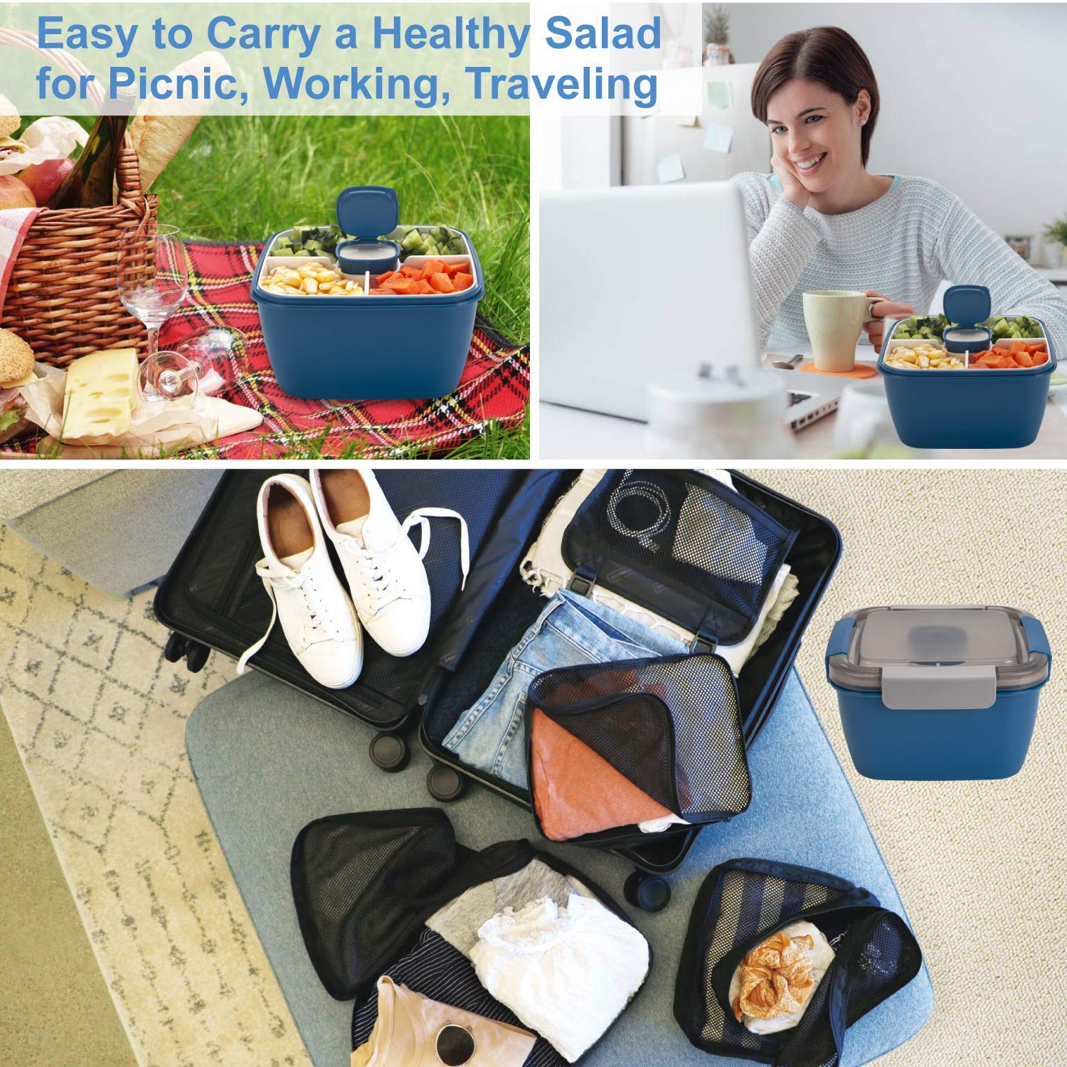 Freshmage Salad Lunch Containers To Go, 52 oz Bowls with 3 Compartments, Dressings Container for Toppings, Men, Women (Blue+Blue)