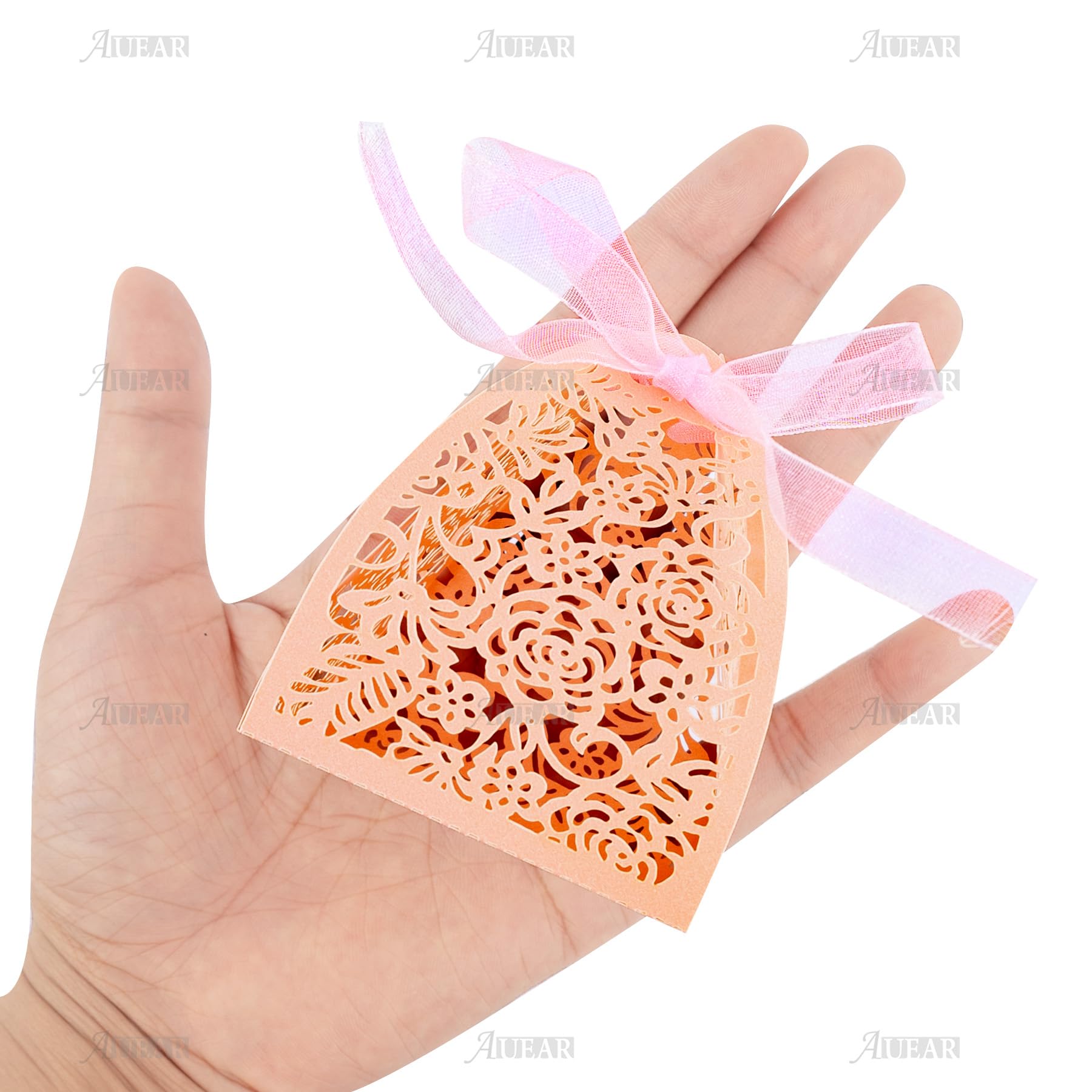 AUEAR, 50 Pack 2.4''x2.4'' Rose Candy Boxes Laser Cut Chocolate Gift Boxes for Wedding Bridal Shower Anniversary Birthday Party Favors (Pink)