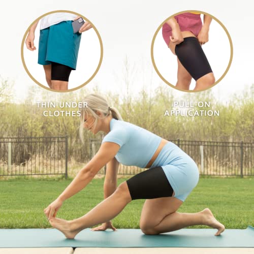 BraceAbility Compression Thigh Sleeve - Men and Women's Copper Leg Support Wrap Brace for Torn or Pulled Hamstring Treatment, Sore Muscle Cramps, Quad Tendinitis Strains, Injury Recovery Relief (M)