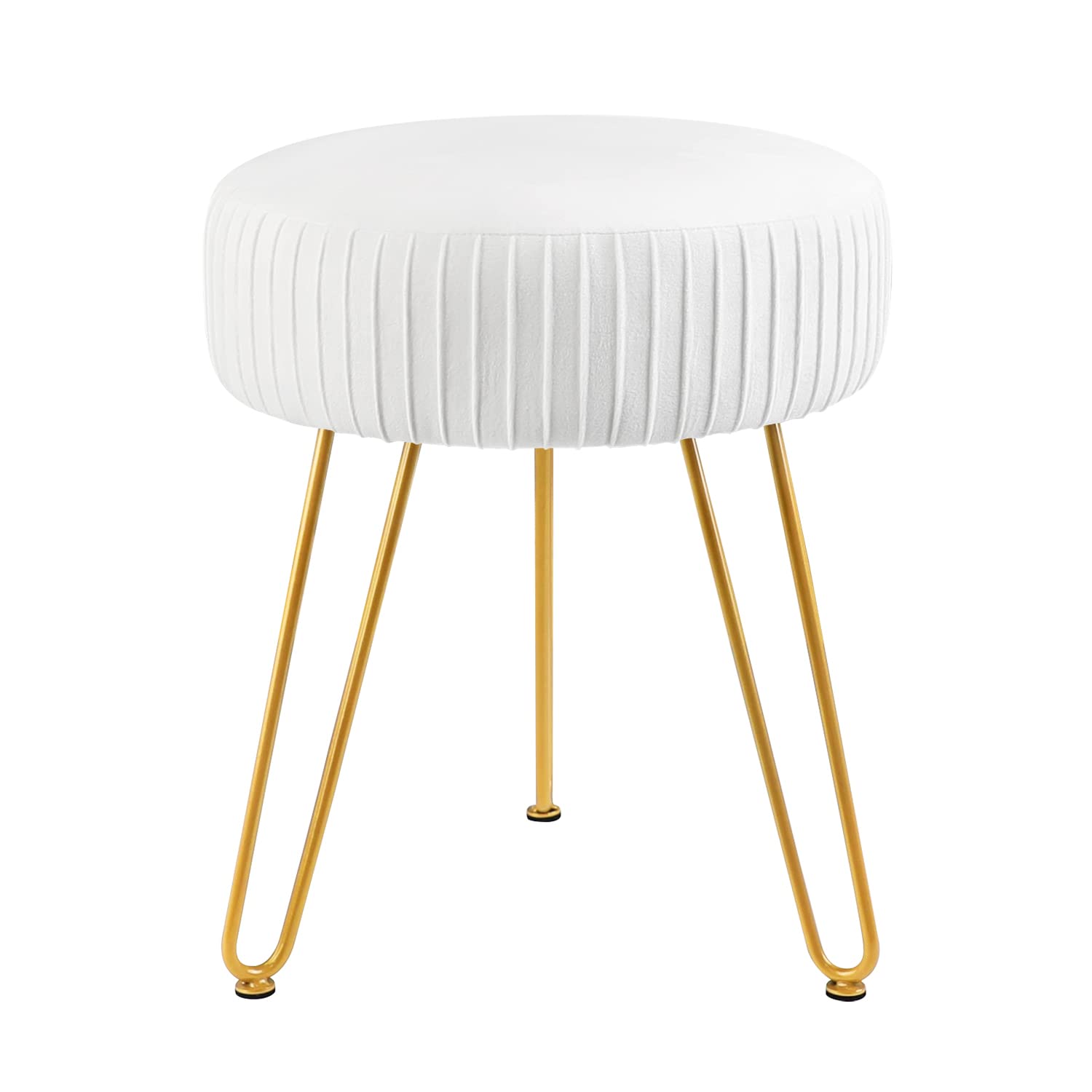 TOUCH-RICH Stripe Velvet Vanity Chair Round Ottoman,Upholstered Vanity Makeup Footstool Side Table Dressing Chair with Golden Metal Legs (Beige, Round-Normal)