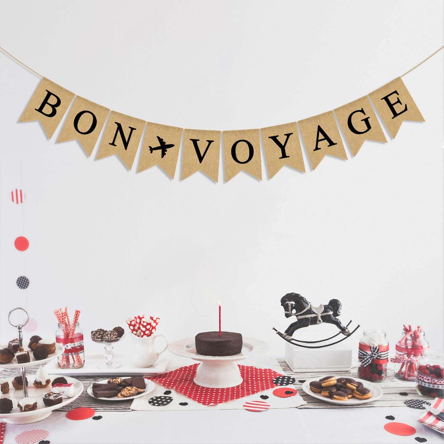 Jute Burlap Bon Voyage Banner with Airplane Retirement, Travel Theme, Cruise Party Decoration