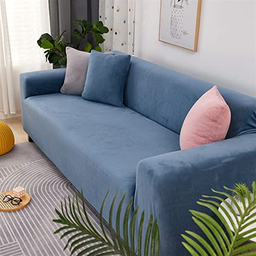 L Shaped Couch Cover, Anti-Slip Sofa Cover, Stretch Sofa Slipcovers with Straps Bottom, Washable Durable Furniture Protector for Kids Pet Cat 1/2/3/4 Seater ( Color : Blue Grey , Size : 4-Seater 235-3