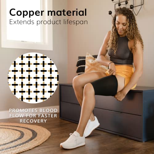 BraceAbility Compression Thigh Sleeve - Men and Women's Copper Leg Support Wrap Brace for Torn or Pulled Hamstring Treatment, Sore Muscle Cramps, Quad Tendinitis Strains, Injury Recovery Relief (M)
