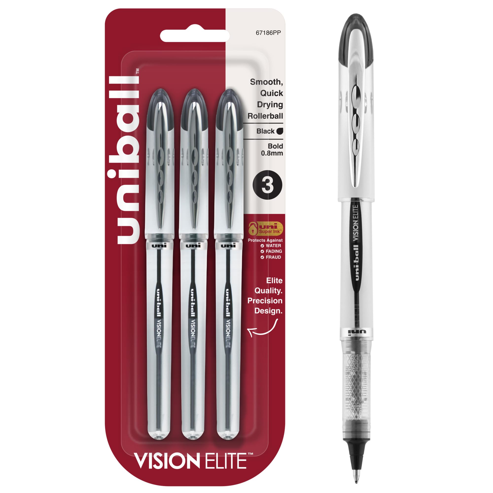 uniball Vision Elite Rollerball Pens with 0.8mm Bold Point, Black, 3 Count