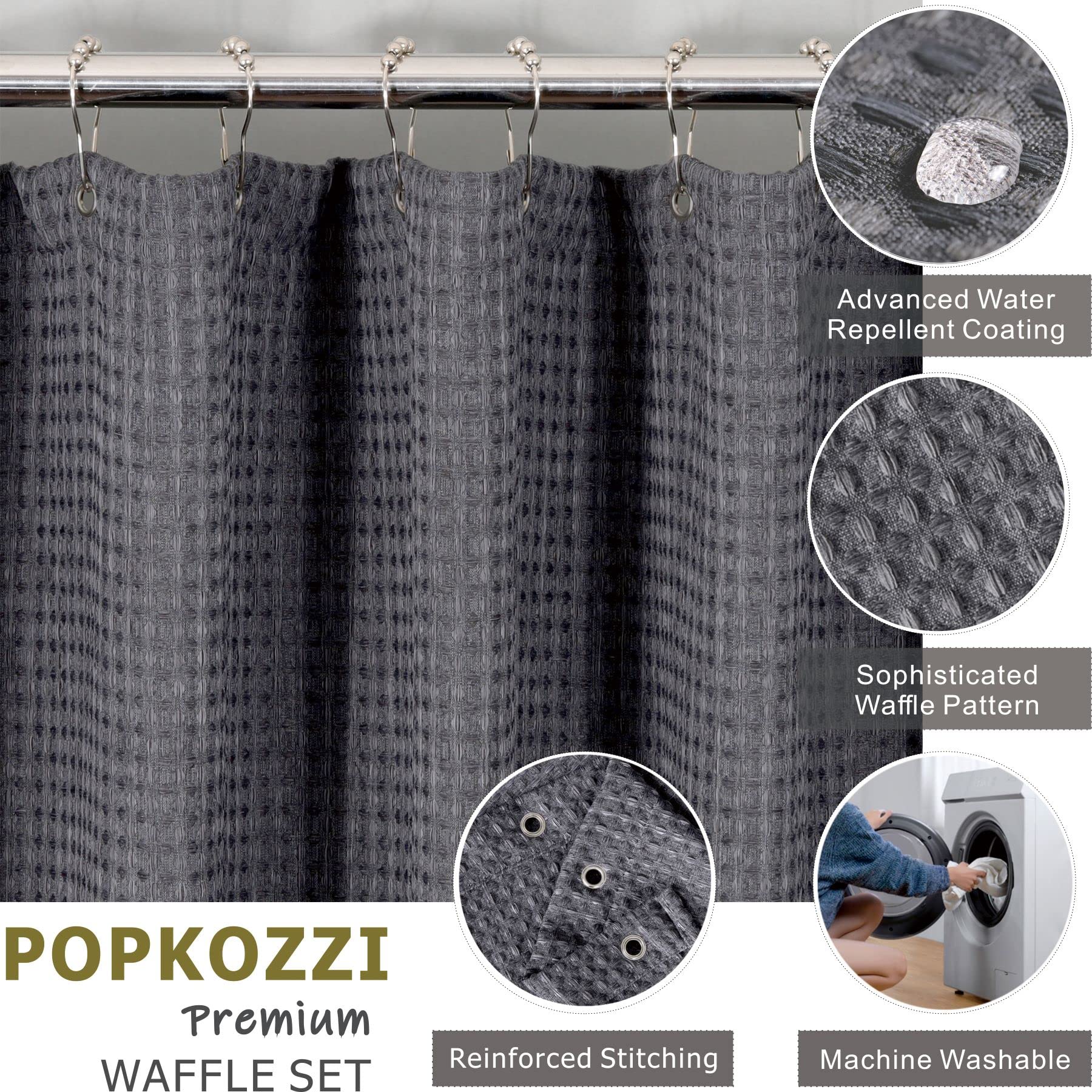 Popkozzi Grey Waffle Shower Curtain & Black Diamond Hooks - 72x72 Waterproof Washable Heavy Duty Fabric Shower Curtain - 12 PCS Rust Proof Metal Shower Curtain Rings (2 Item Bundle)