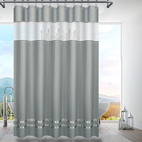 ARICHOMY Shower Curtain Set Waffle Weave Curtain Fabric Shower Curtain Set 250GSM with 12 pcs Hooks Grey