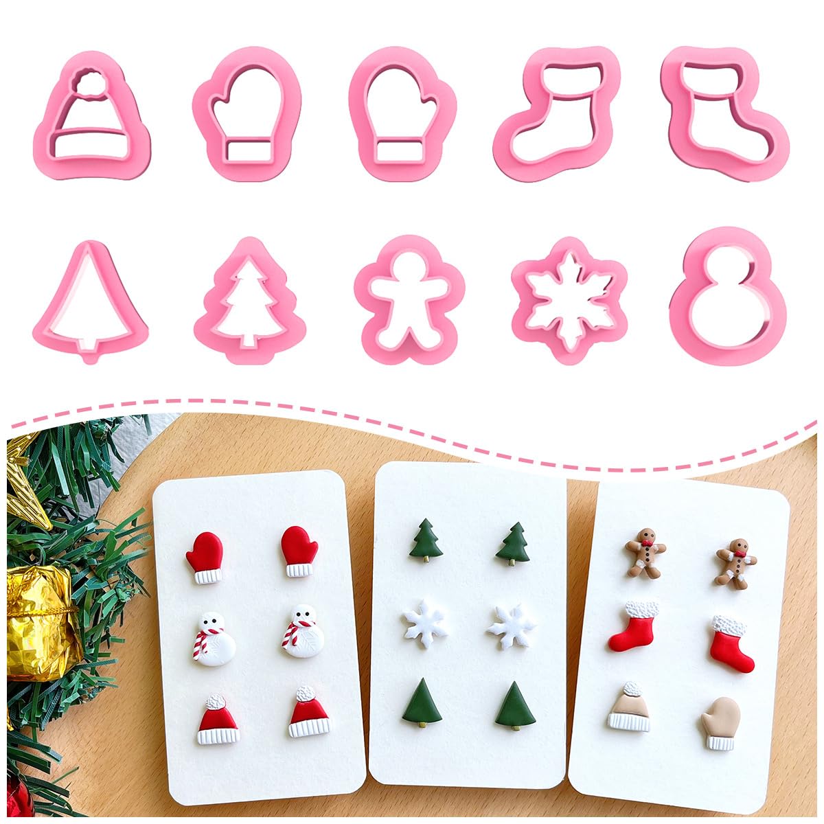 Keoker Christmas Polymer Clay Cutters - 10 Shapes, Christmas Tree Cutters for Polymer Clay Earrings