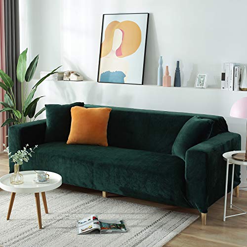 Foreate Stretch Velvet Sofa Slipcover Non-Slip Couch Covers for Loveseat/3 Cushion/4 Cushion Sofa/L Shaped Sofa, Sofa Protector from Kids and Pets with Elastic Bottom, Washable, Green