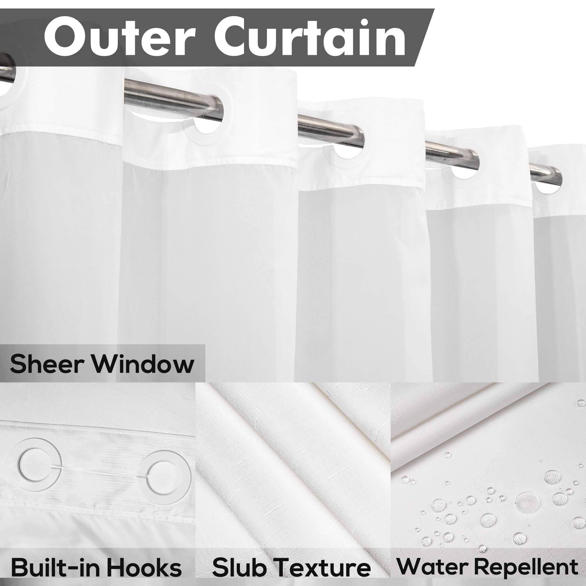 Long No Hook Slub Textured Shower Curtain with Snap-in PEVA Liner Set - 71" x 77"(75"), Hotel Style with See Through Top Window, Fabric Curtain & Waterproof Liner, White, 71x77