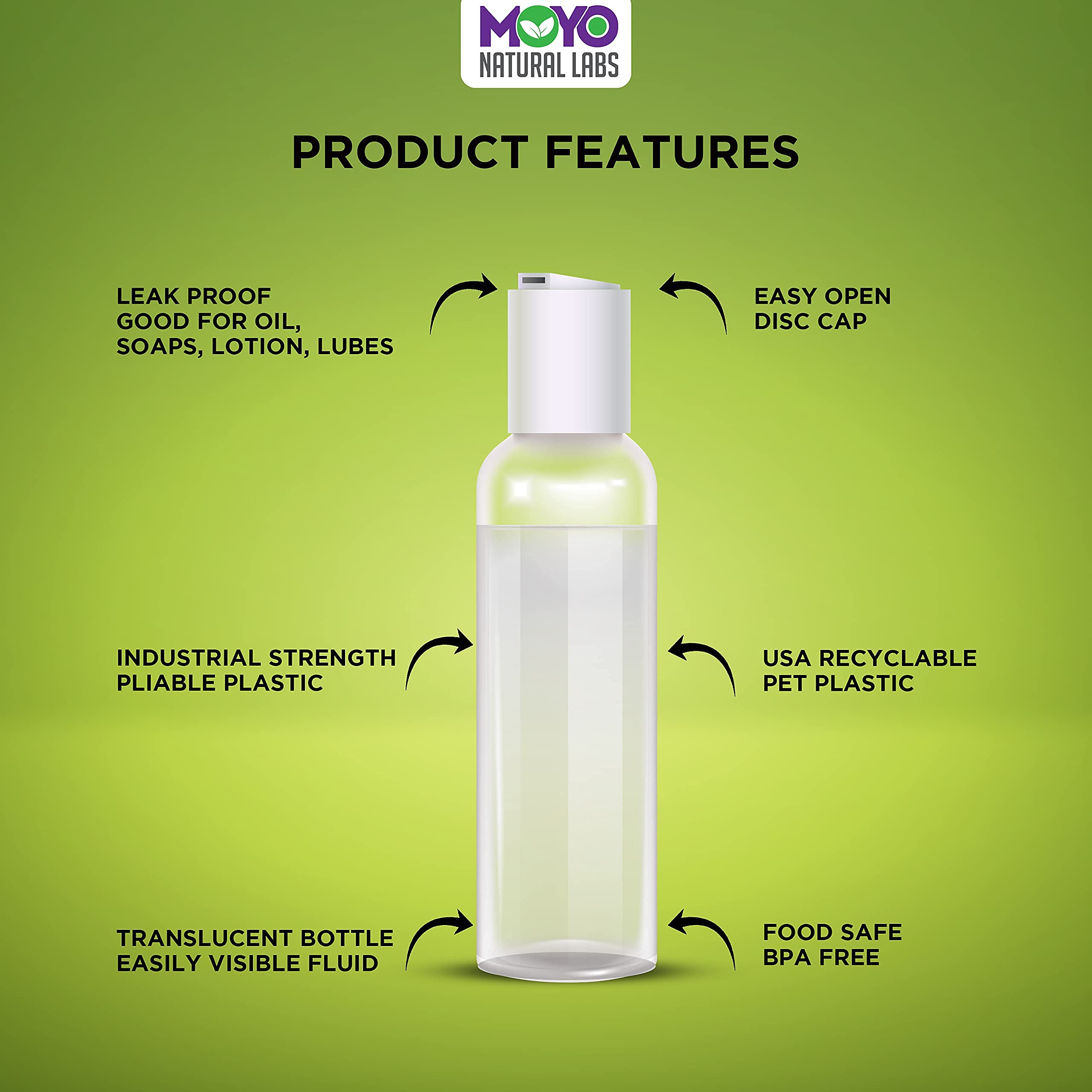 MoYo Natural Labs 4 oz Travel Bottles, Empty Travel Containers with Disc Caps, BPA Free HDPE Plastic Squeezable Toiletry/Cosmetic Bottle (Neck 20-410) (Pack of 12, HDPE Translucent White)