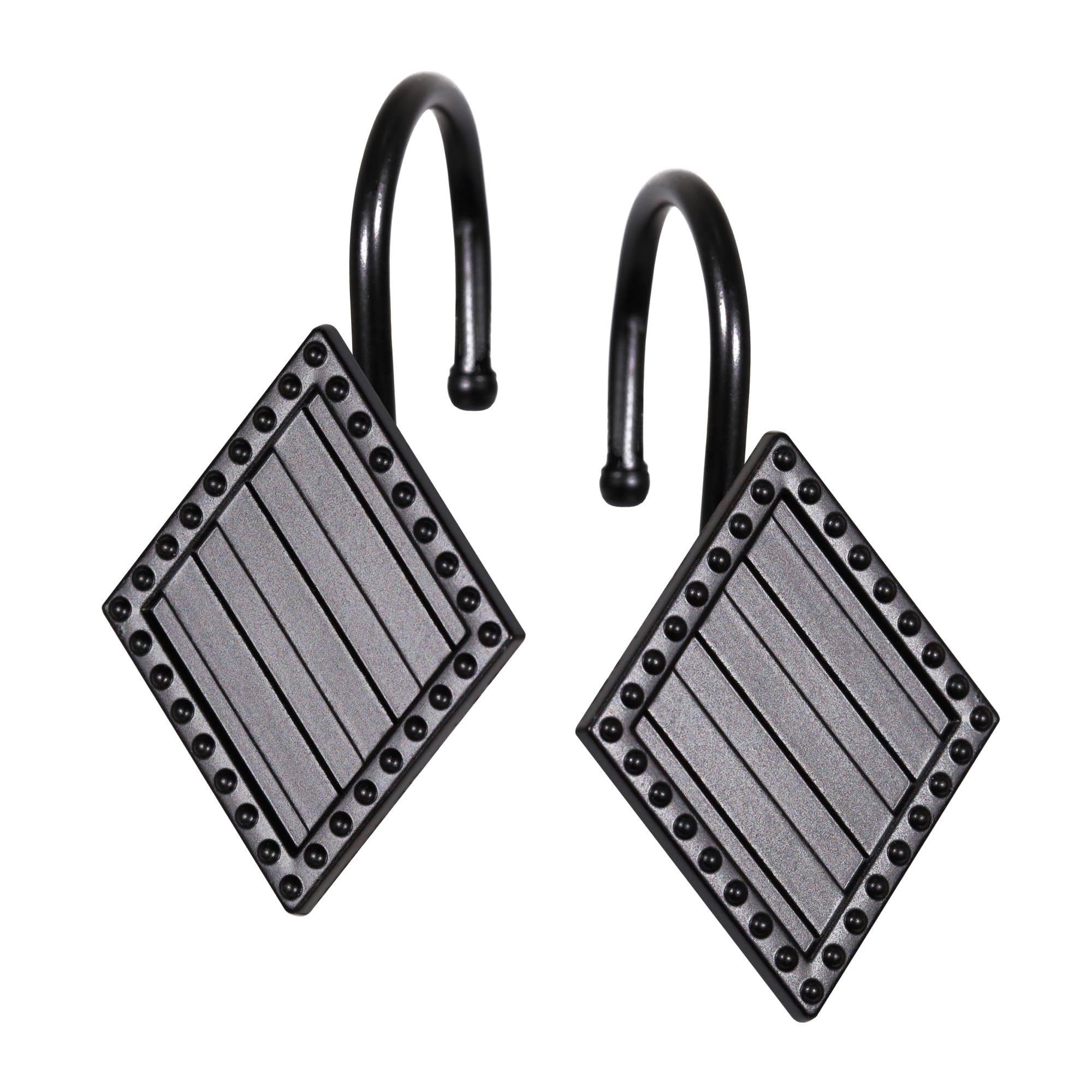 Popkozzi Grey Waffle Shower Curtain & Black Diamond Hooks - 72x72 Waterproof Washable Heavy Duty Fabric Shower Curtain - 12 PCS Rust Proof Metal Shower Curtain Rings (2 Item Bundle)