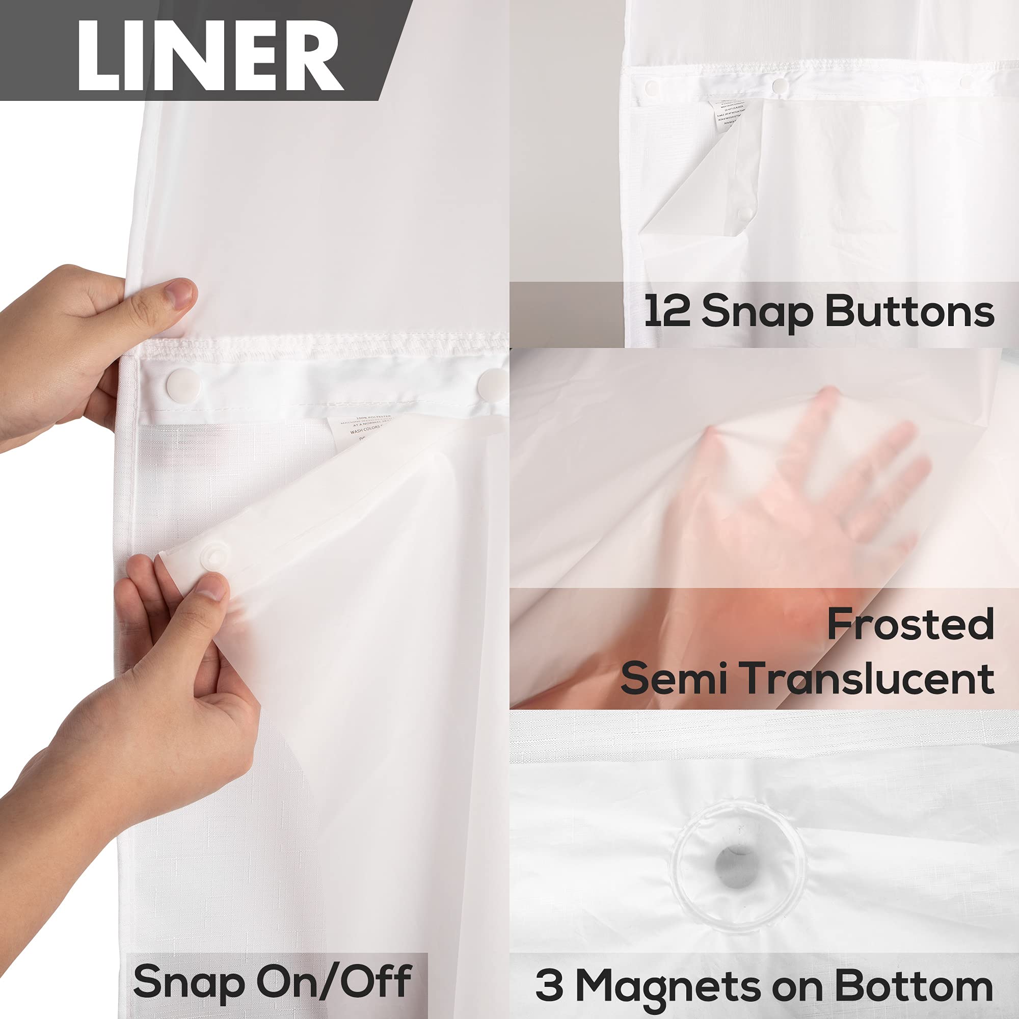 Long No Hook Slub Textured Shower Curtain with Snap-in PEVA Liner Set - 71" x 77"(75"), Hotel Style with See Through Top Window, Fabric Curtain & Waterproof Liner, White, 71x77