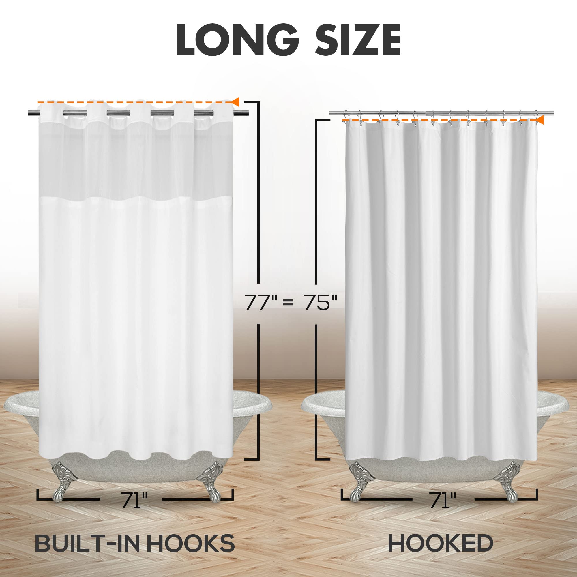 Long No Hook Slub Textured Shower Curtain with Snap-in PEVA Liner Set - 71" x 77"(75"), Hotel Style with See Through Top Window, Fabric Curtain & Waterproof Liner, White, 71x77