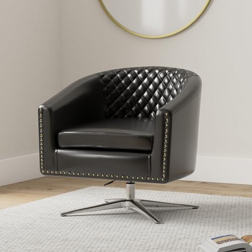 HOMHUM Swivel Accent Chair Set of 2, Faux Leather Barrel Chair, Accent Armchair with Soft Padded and Metal Base, Mid Century Modern Chair for Living Room, Bedroom and Office (Brown)