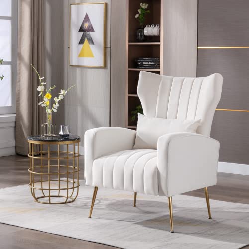 chairus Wingback Velvet Accent Chairs Set of 2, Modern Living Room Armchairs Comfy Upholstered Single Sofa Chair for Bedroom Dorms Reading Reception Room with Gold Legs & Small Pillow, Cream