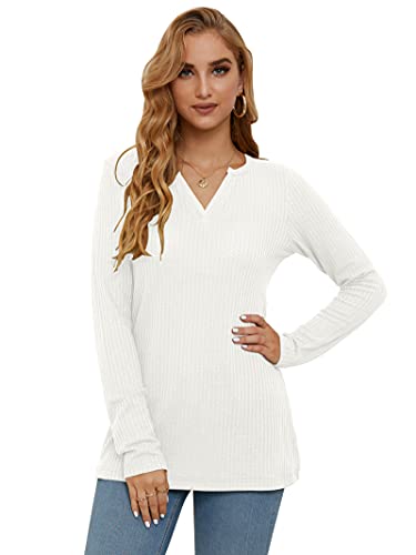 AUSELILY Women Casual Long Sleeve Waffle Knit Solid Color V-Neck Shirt Tunic White M