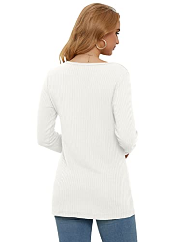 AUSELILY Women Casual Long Sleeve Waffle Knit Solid Color V-Neck Shirt Tunic White M