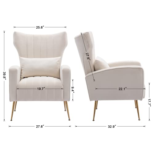 chairus Wingback Velvet Accent Chairs Set of 2, Modern Living Room Armchairs Comfy Upholstered Single Sofa Chair for Bedroom Dorms Reading Reception Room with Gold Legs & Small Pillow, Cream
