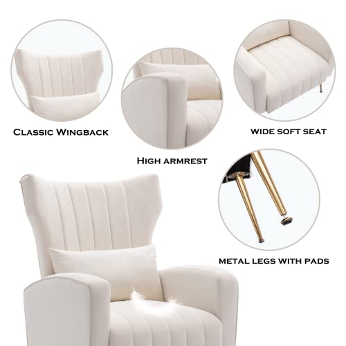 chairus Wingback Velvet Accent Chairs Set of 2, Modern Living Room Armchairs Comfy Upholstered Single Sofa Chair for Bedroom Dorms Reading Reception Room with Gold Legs & Small Pillow, Cream