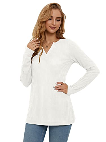 AUSELILY Women Casual Long Sleeve Waffle Knit Solid Color V-Neck Shirt Tunic White M
