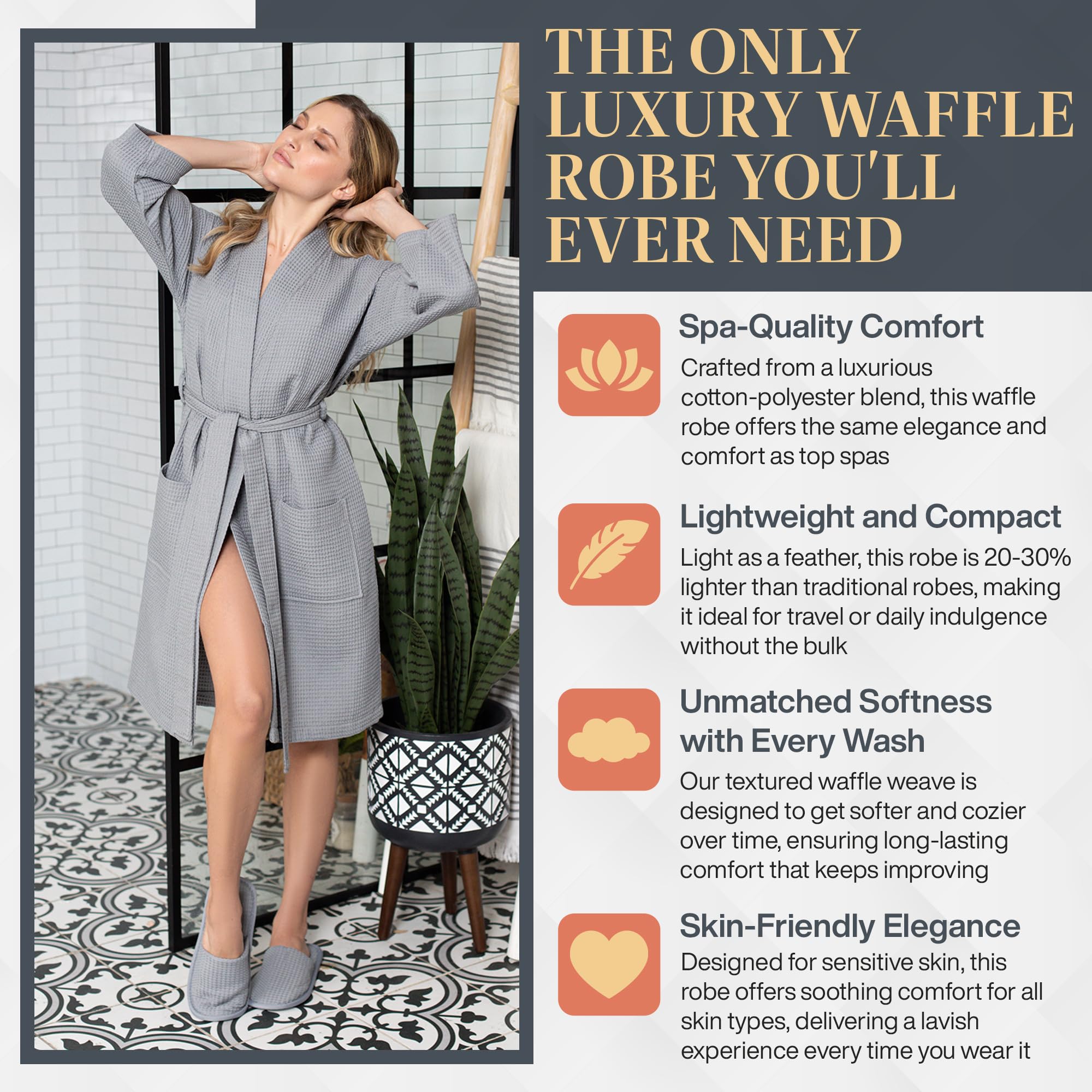 Lotus Linen Women's Lightweight Waffle Kimono Robes for Women - Cotton Spa Grey Bathrobes - Grey Bridesmaids Robe Set (Small, Grey)