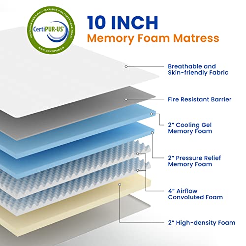 VICTORAGE 10 Inch Gel Memory Foam Mattress, Cooling Gel Bed Mattress, CertiPUR-US Certified, Mattress in a Box, Pressure Relief, Made in USA, Medium Plush, Queen Size Memory Foam Mattress